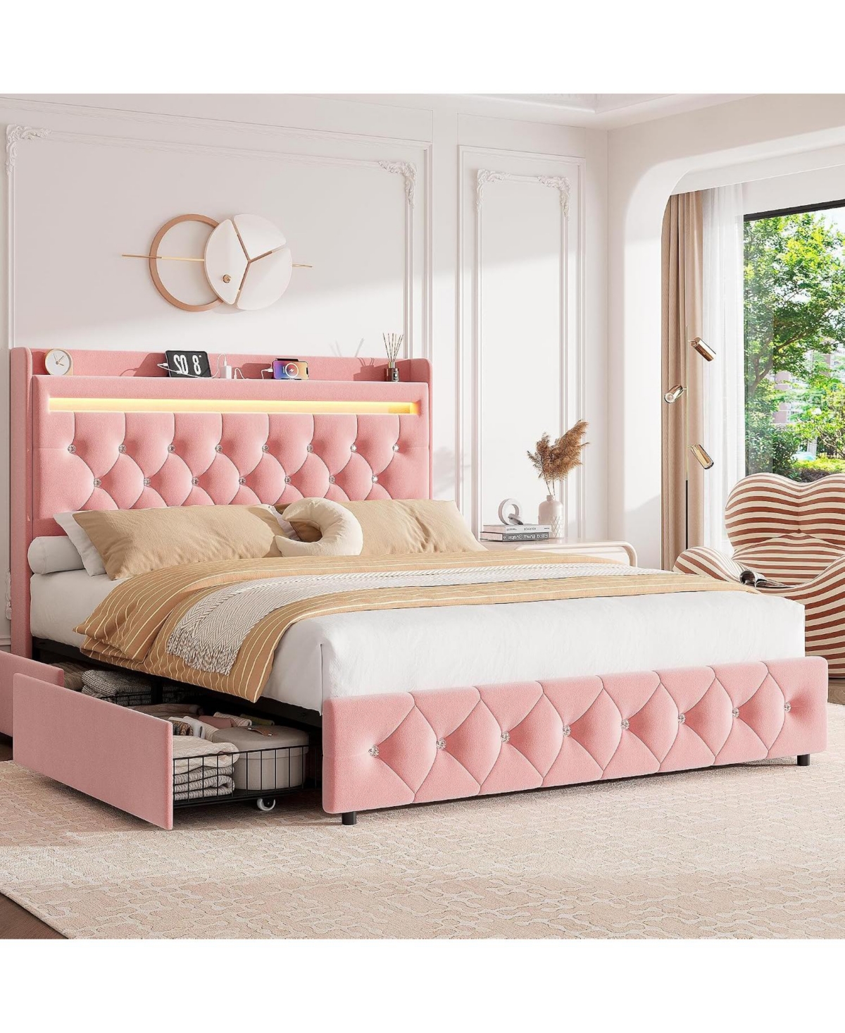 Click here for Gaomon Queen Size Pink Velvet Led Platform Bed wit... prices
