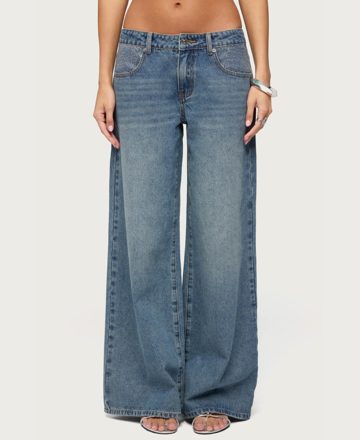 Click here for Edikted Womens Low-Rise Wide-Leg Rhinestone Jeans... prices