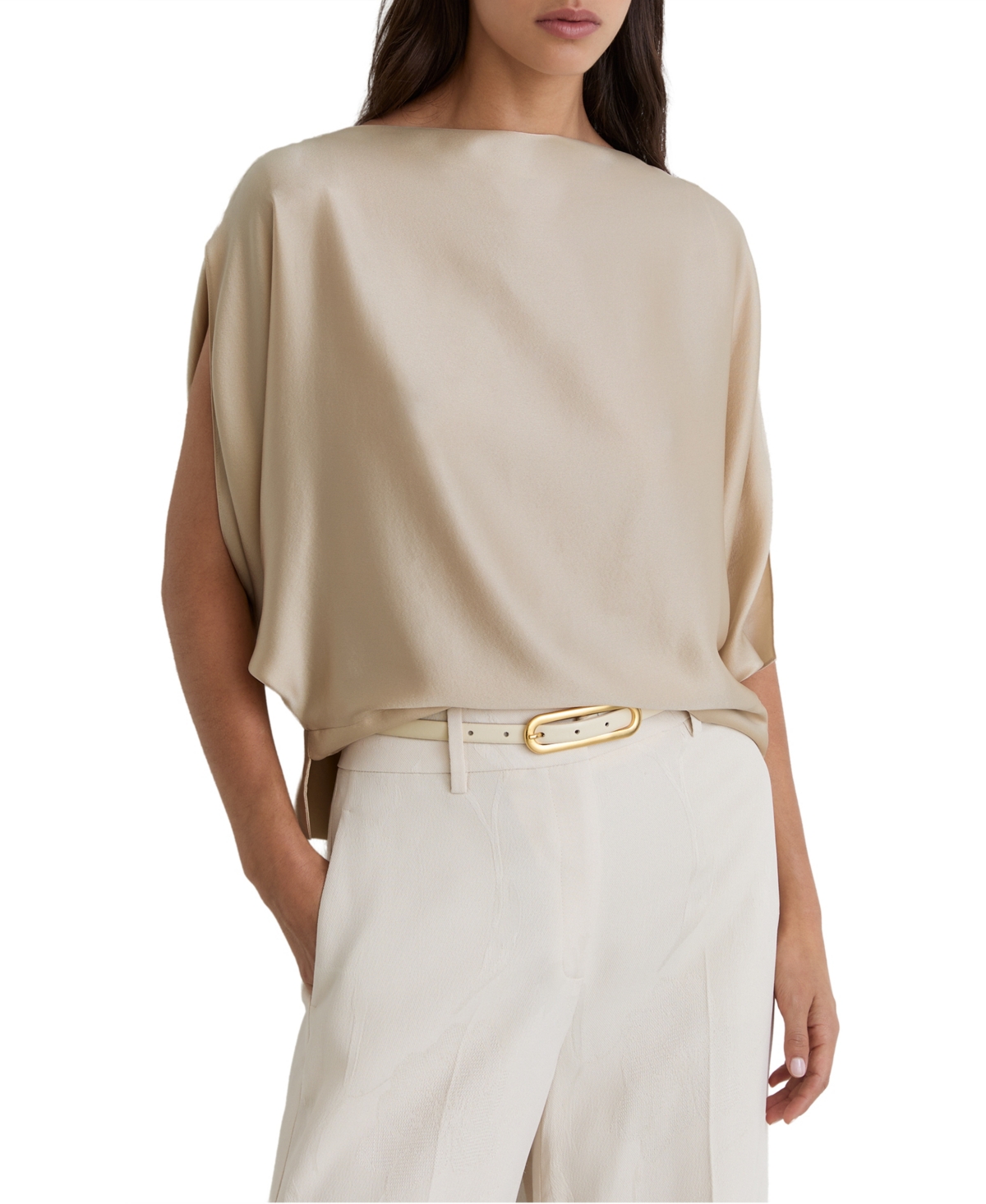 Click here for Reiss Womens Silk Draped Split-Sleeve Top - Champa... prices