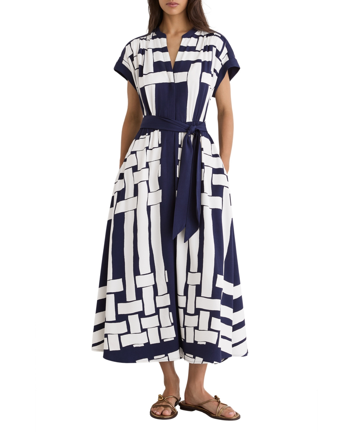 Click here for Reiss Womens Samira Scarf-Print A-Line Belted Midi... prices