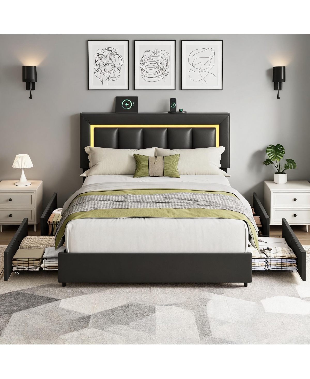 Click here for gaomon Storage Platform Bed with 4 Drawers  Led Li... prices