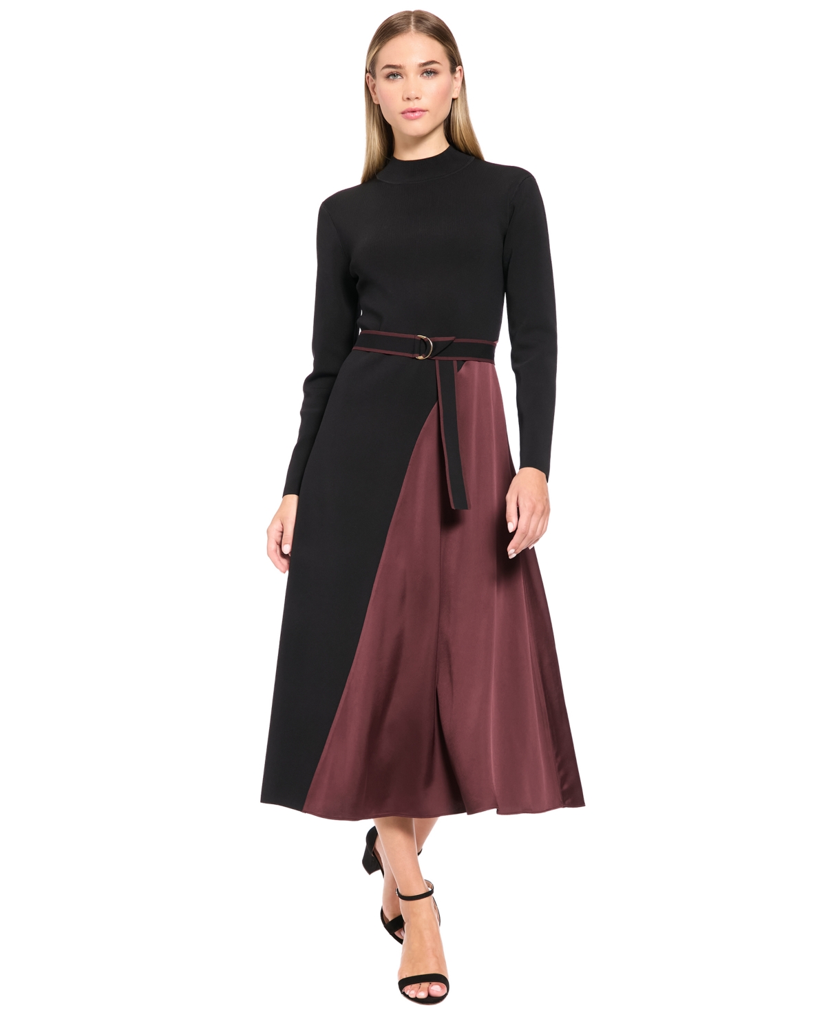 Click here for Luxely Womens Belted Mock Neck Colorblock Midi Dre... prices