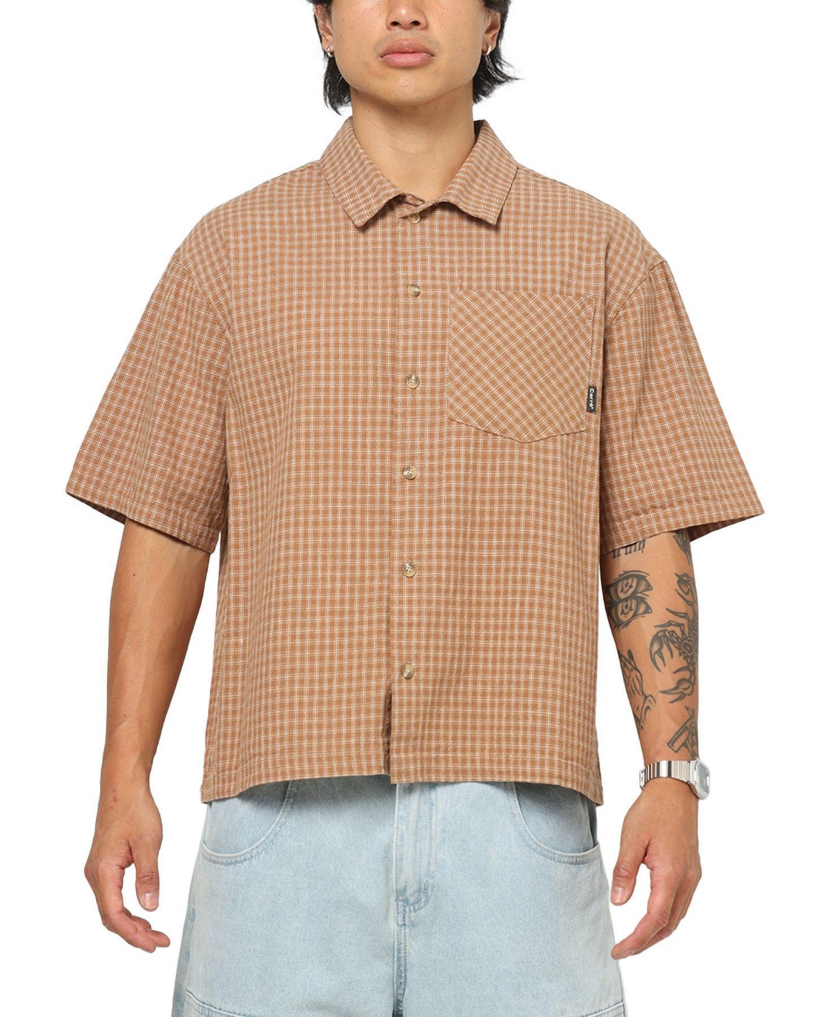 Click here for Carre Mens Grid Button Up Shirt - Brown prices