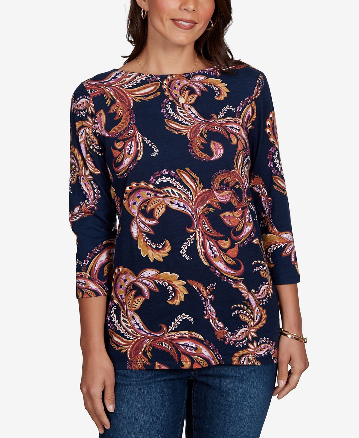 Click here for Ruby Rd. Petite Paisley-Print Boat Neck 3/4-Sleeve... prices