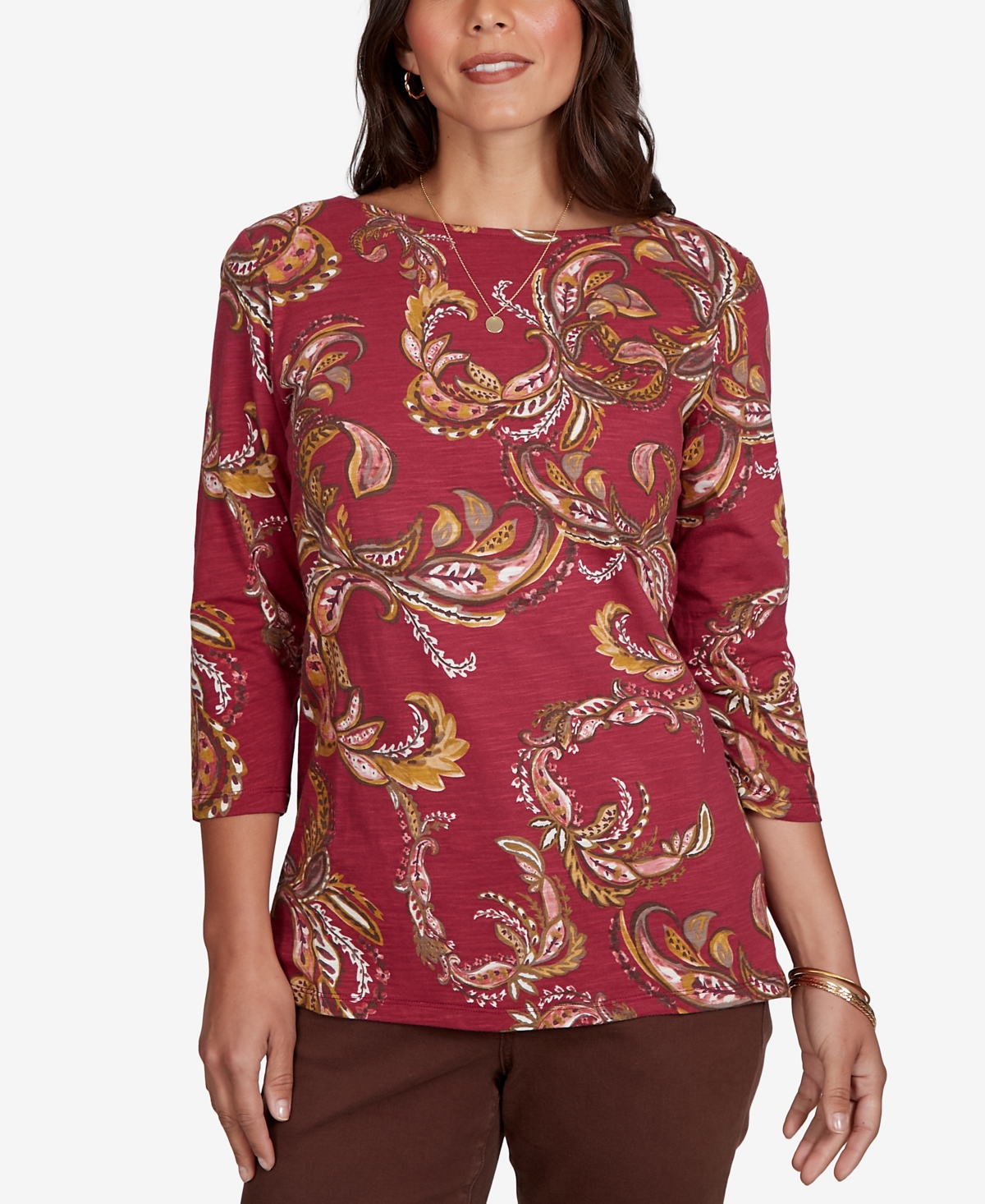 Click here for Ruby Rd. Petite Paisley-Print Boat Neck 3/4-Sleeve... prices
