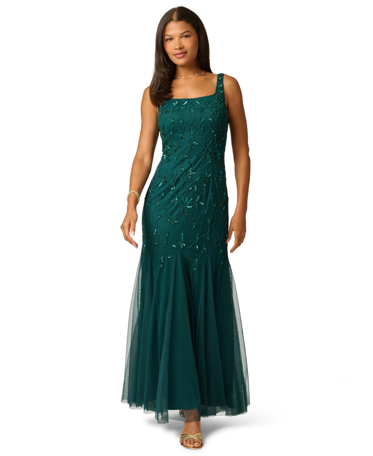 Click here for Adrianna Papell Womens Beaded-Mesh Square Neck Lon... prices