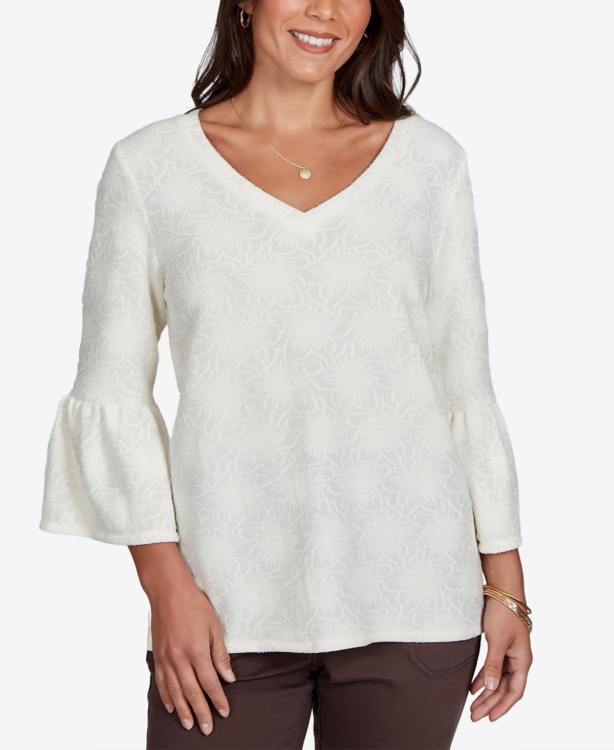 Click here for Ruby Rd. Petite V-Neck Floral-Print Bell-Sleeve To... prices