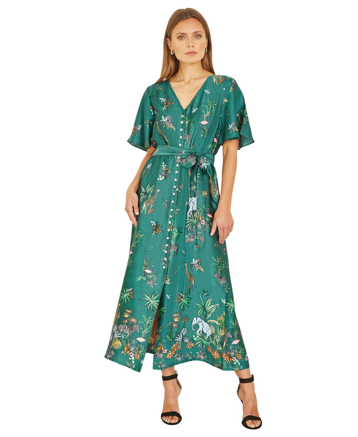 Click here for Yumi Womens Safari Print Satin Midi Shirt Dress -... prices