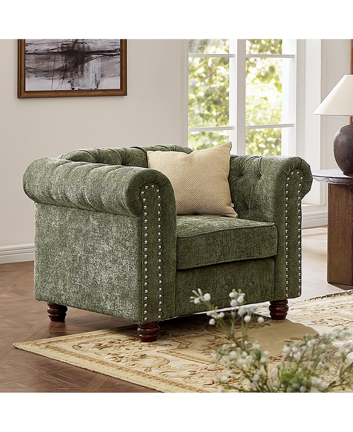 Click here for Morden Fort Chenille Rolled Arm Chair with Button... prices