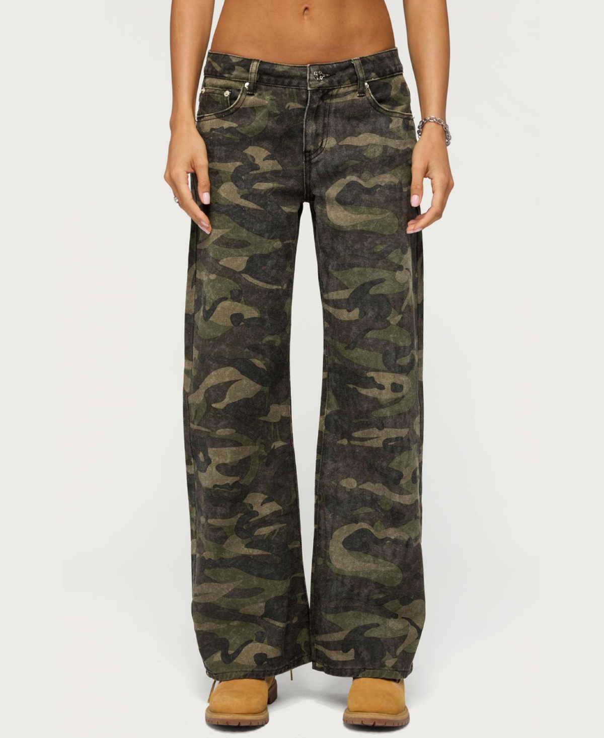 Click here for Edikted Womens Soya Camo Low Rise Baggy Jeans - Ol... prices