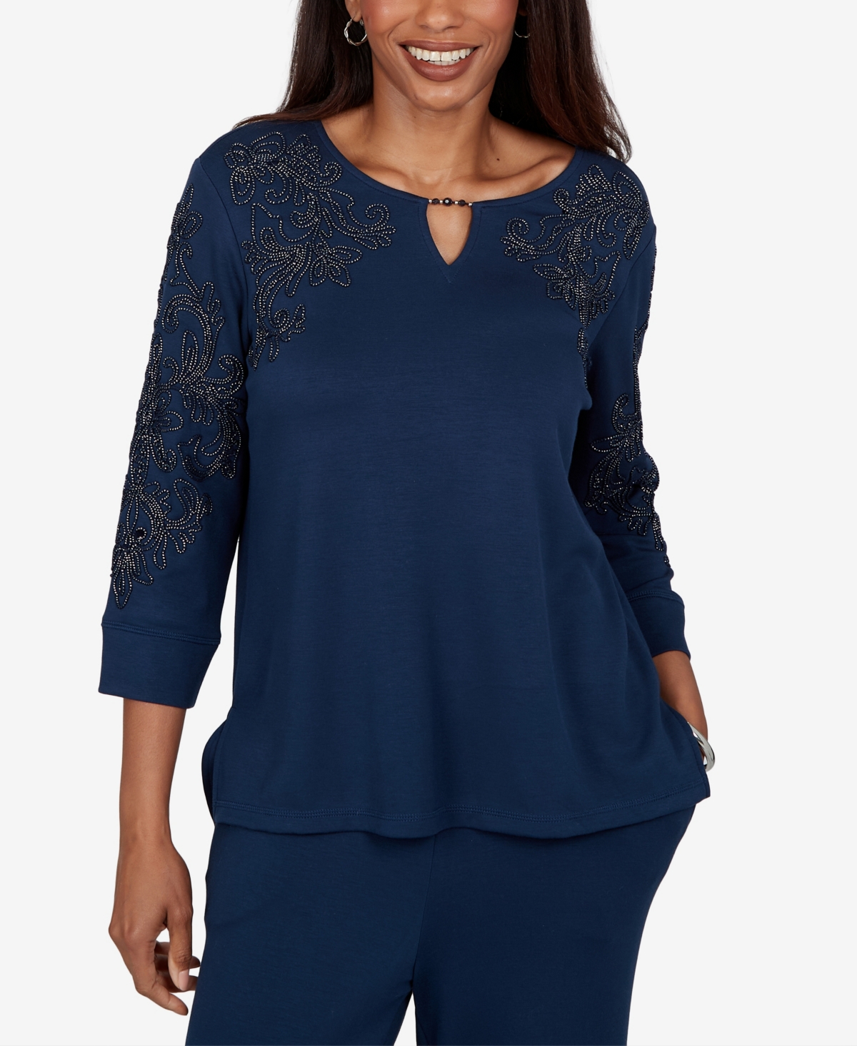 Click here for Alfred Dunner Womens Keyhole Neck Embellished Knit... prices