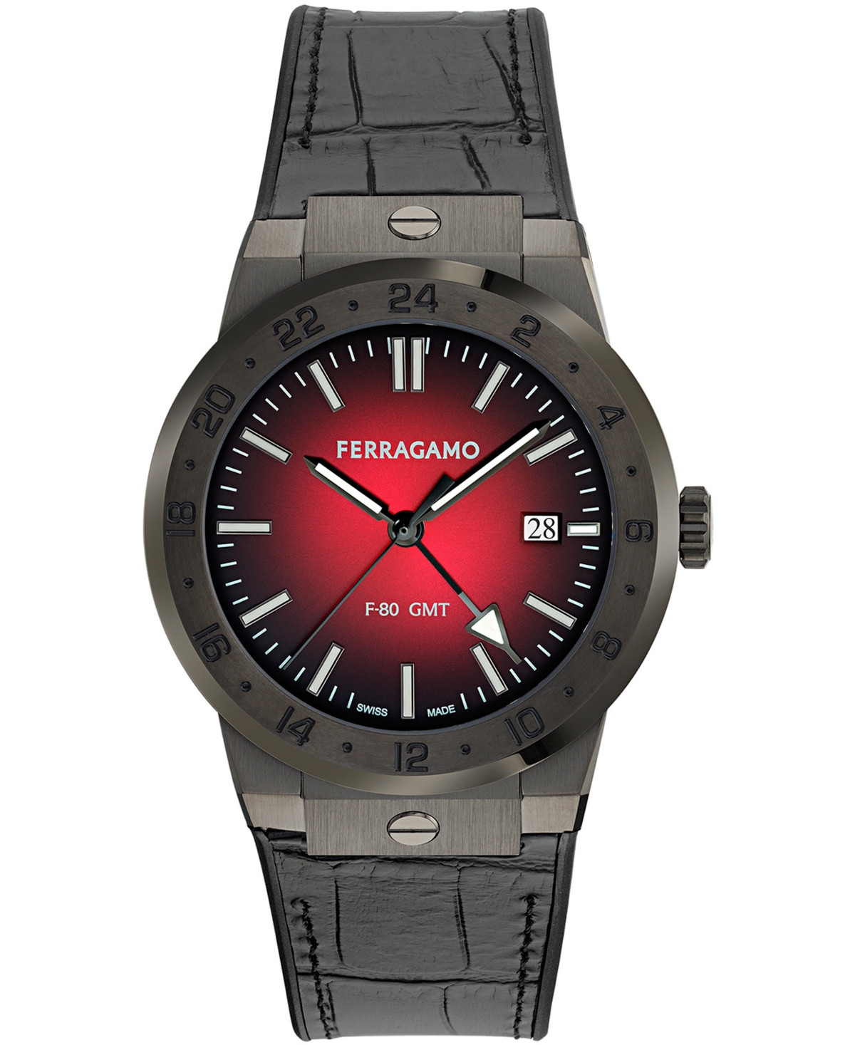 Click here for Ferragamo Mens Gunmetal Ip Leather Strap Gmt Watch... prices