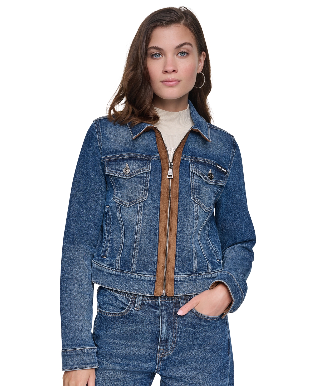 Click here for Dkny Jeans Womens Zip Front Trucker Suede-Trim Den... prices