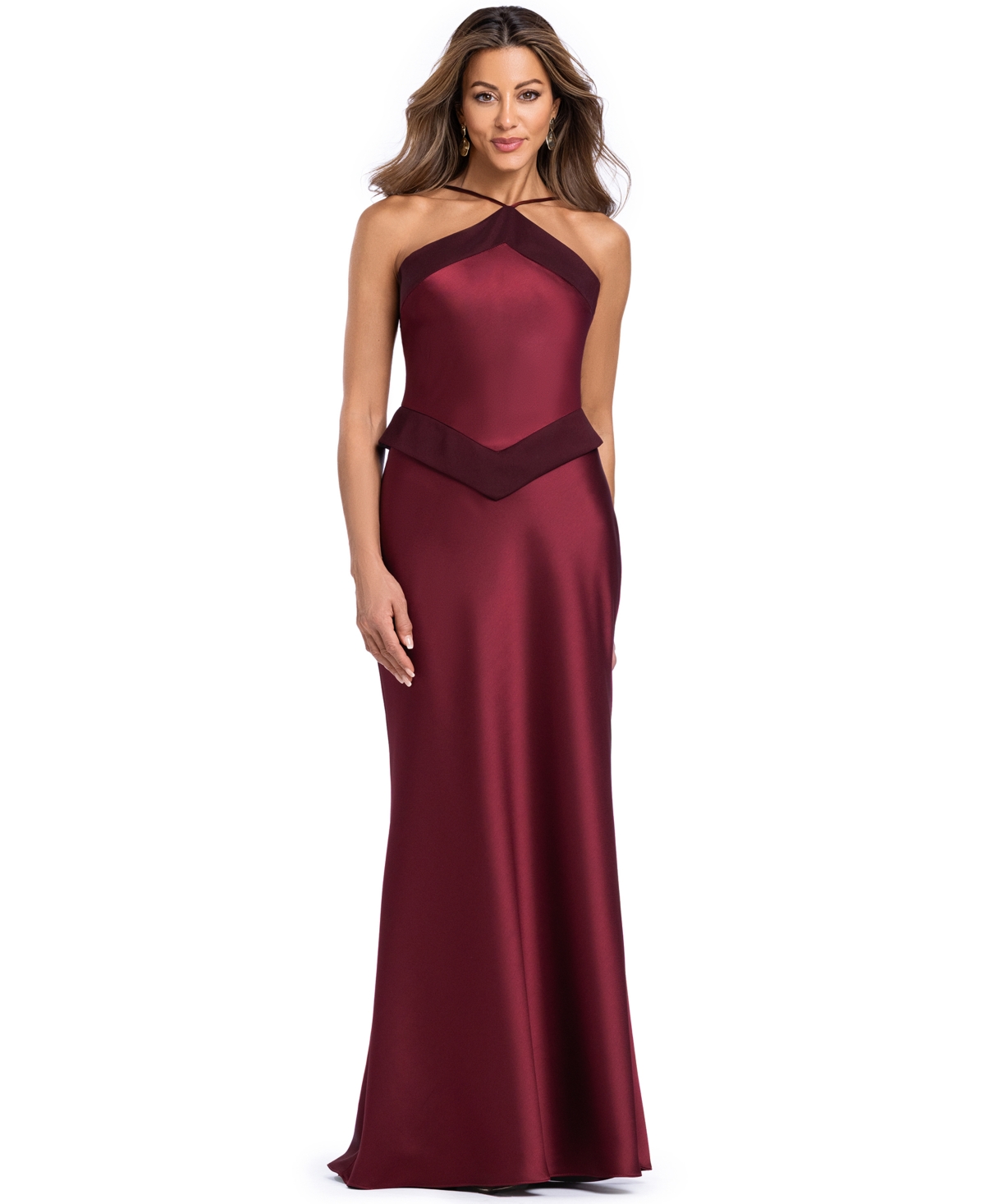 Click here for Xscape Womens Halter Satin Peplum Gown - Wine prices