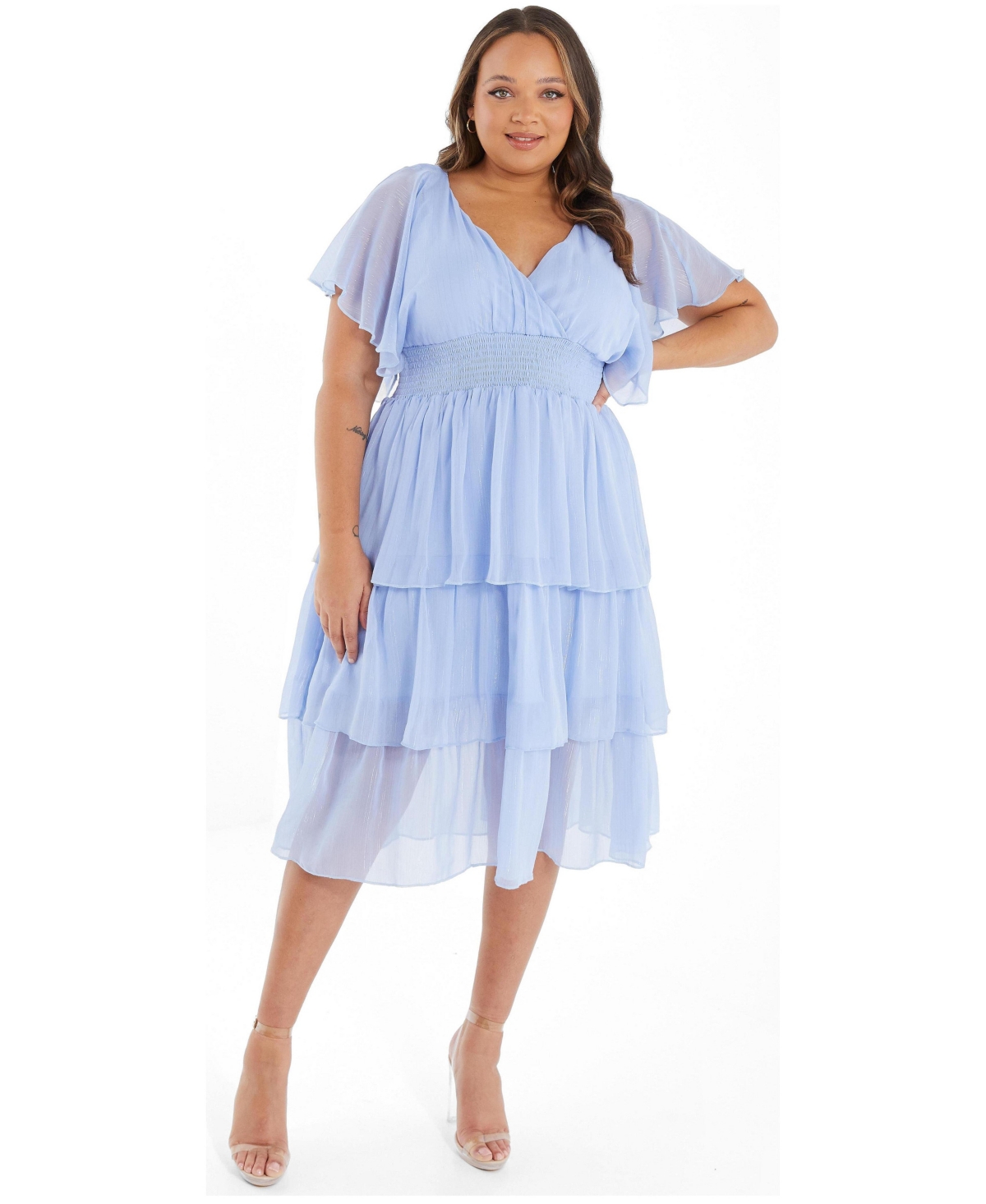 Click here for Quiz Plus Size Chiffon Glitter Tiered Dress - Blue prices