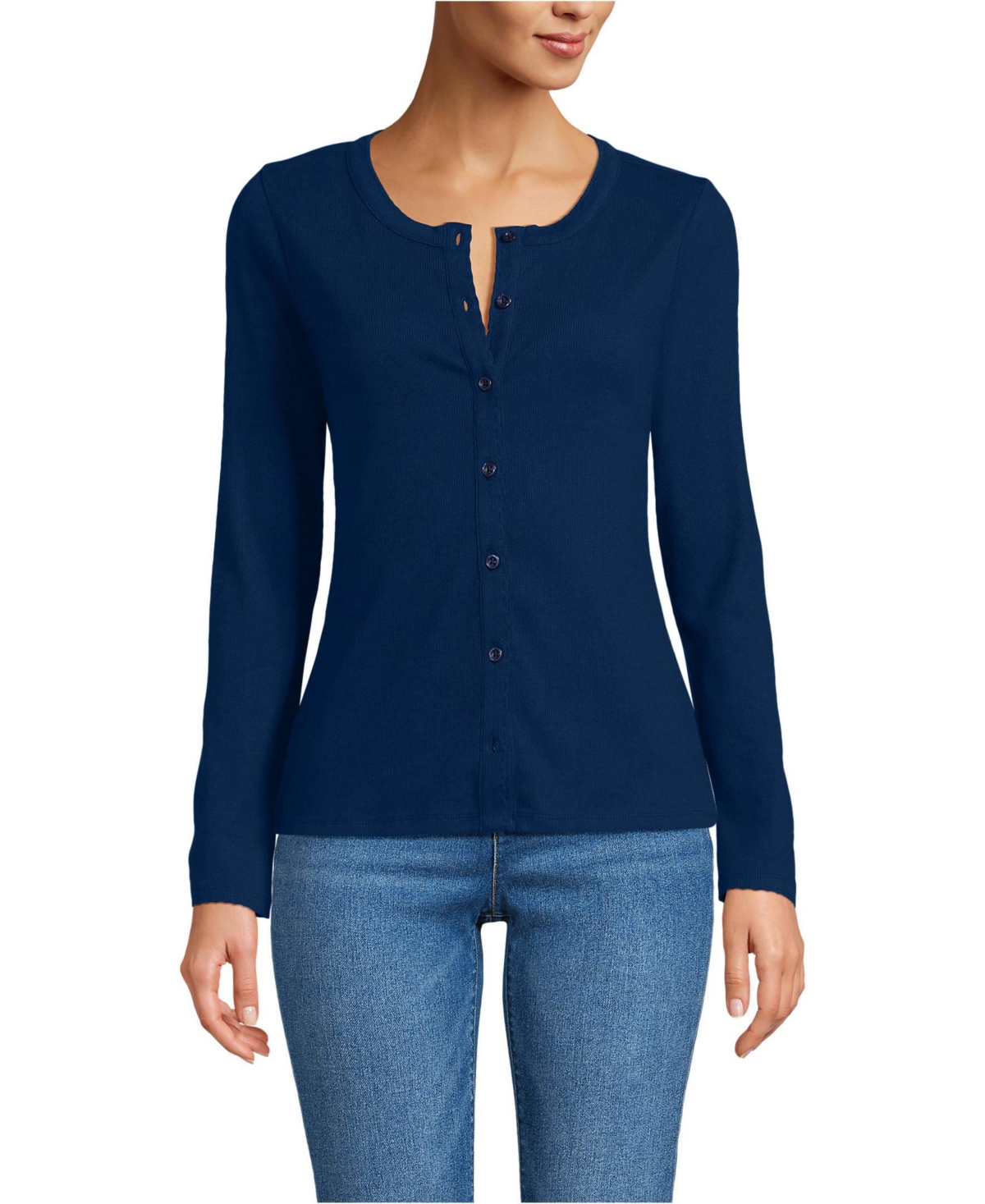 Click here for Lands End Petite Long Sleeve Micro Rib Button Thro... prices