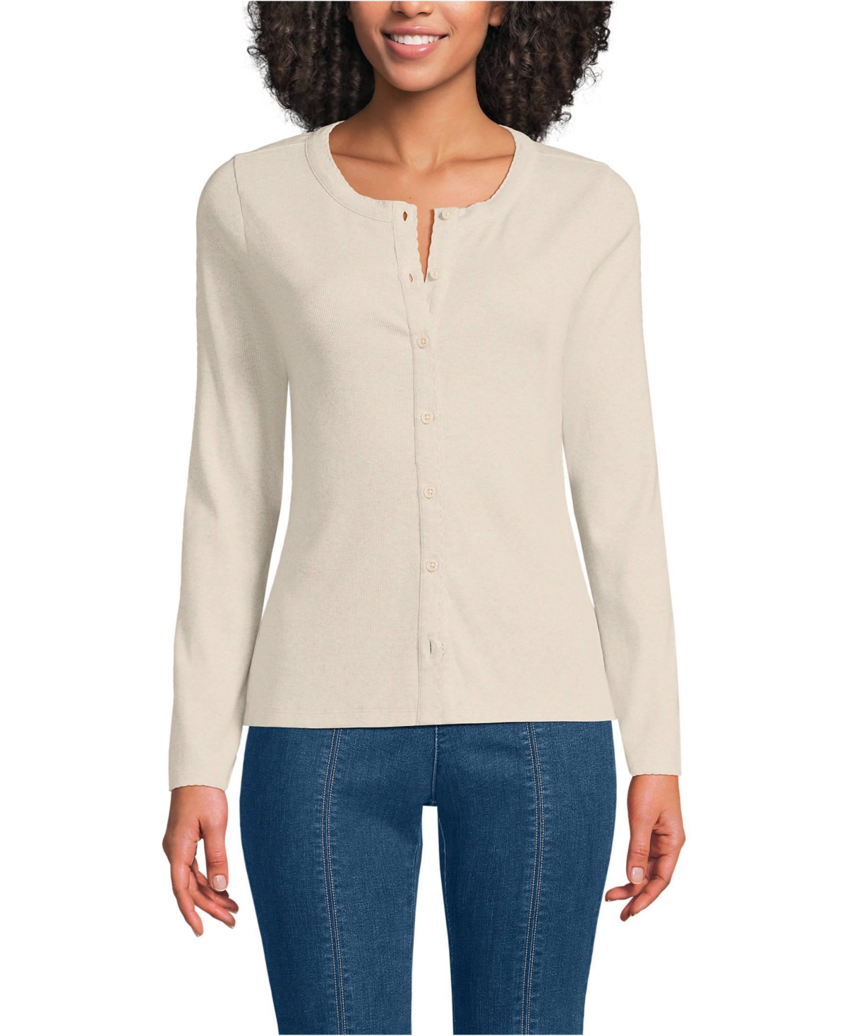 Click here for Lands End Petite Long Sleeve Micro Rib Button Thro... prices