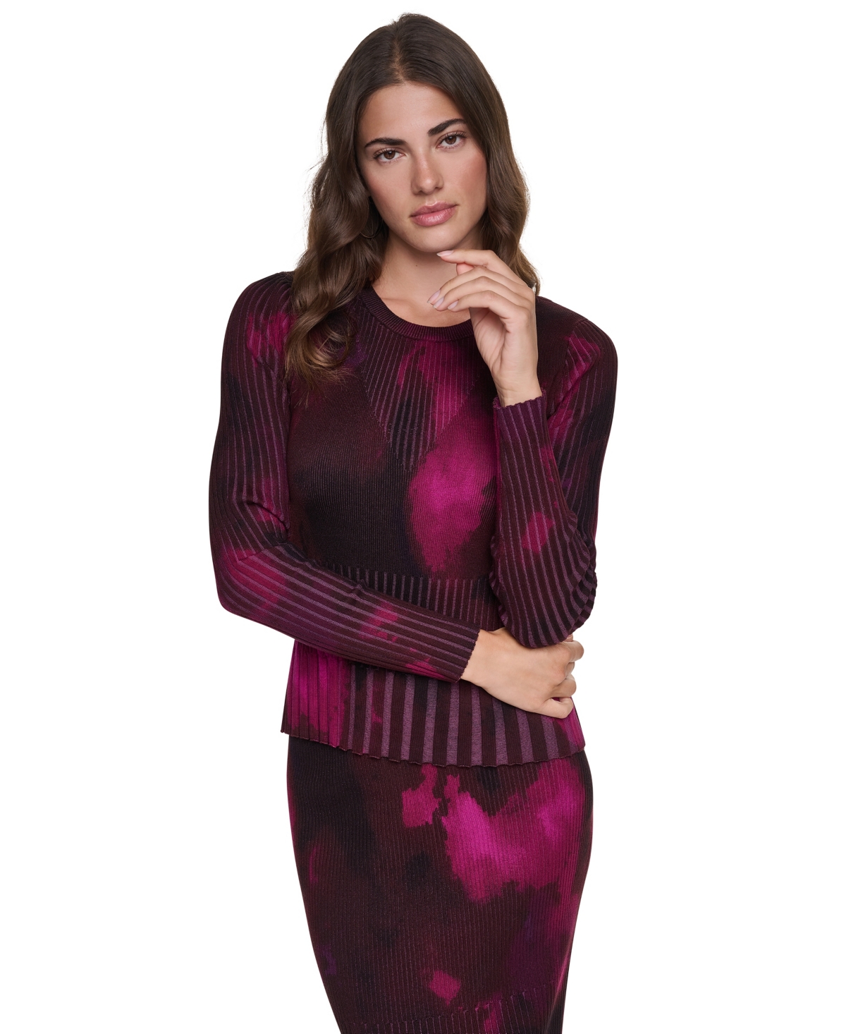 Click here for Dkny Womens Printed Mix-Rib Sweater - Raspberry Ha... prices