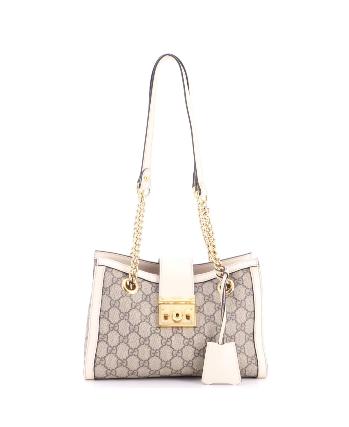 Click here for Pre-Owned Gucci Small Padlock Chain Tote Gg Coated... prices
