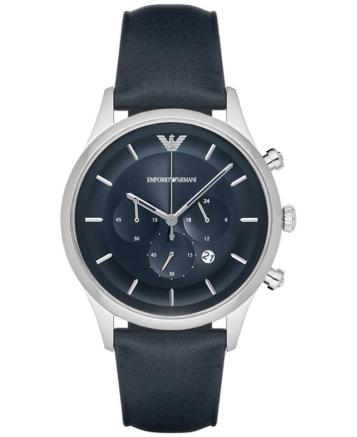 Emporio Armani Men's Chronograph Blue Leather Strap Watch 43mm AR11018 ...