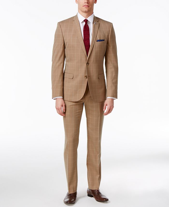 Nick Graham Men's Slim Fit Stretch Tan Windowpane Suit - Macy's