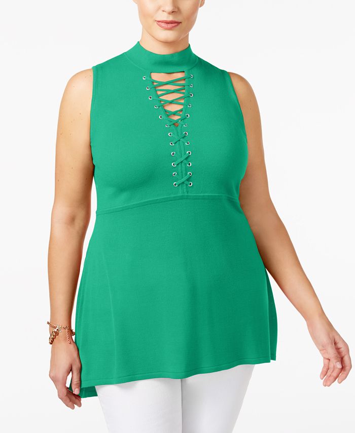 Belldini Plus Size Lace-Up Mock-Neck Tunic - Macy's