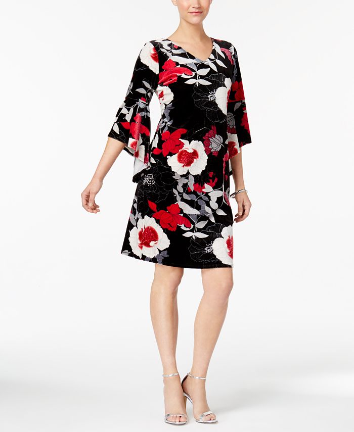 NY Collection Petite Floral-Print Bell-Sleeve Dress - Macy's