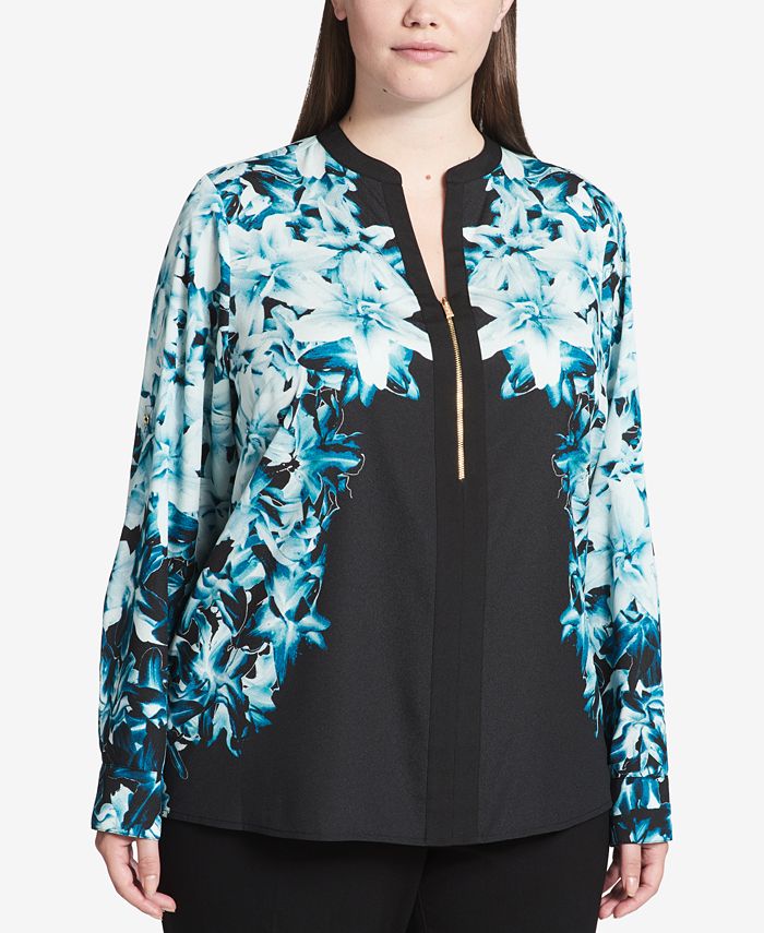 Calvin Klein Plus Size Half-Zip Floral-Print Top - Macy's