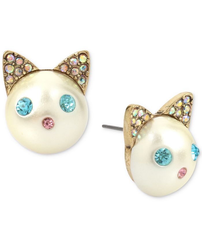 Betsey Johnson Gold-Tone Colored Pavé & Imitation Pearl Cat Stud Earrings - Macy's