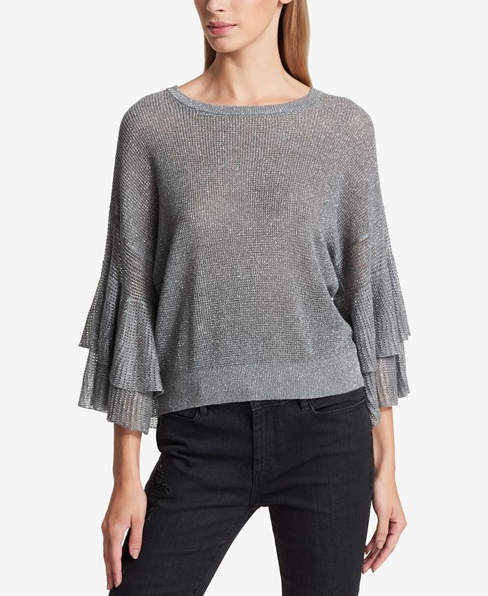 DKNY Semi-Sheer Ruffled Metallic Sweater - Macy's