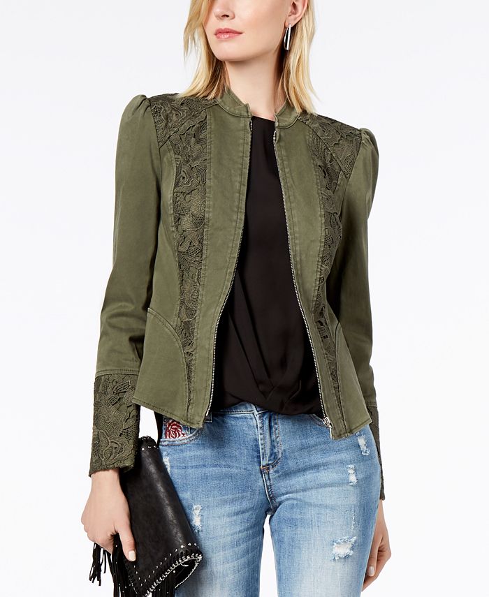 INC International Concepts I.N.C. Puffed-Shoulder Lace-Contrast Jacket ...