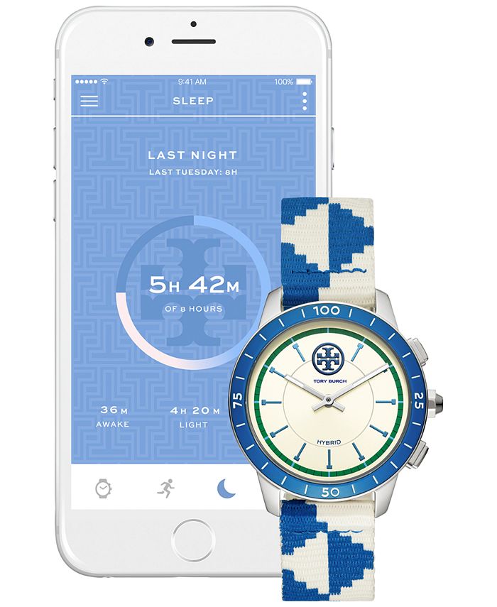 Tory Burch Women's ToryTrack Collins Blue & White Fabric Strap Hybrid ...