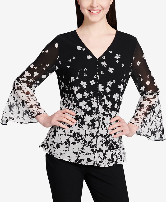 Calvin Klein Printed Mesh Bell-Sleeve Top - Macy's