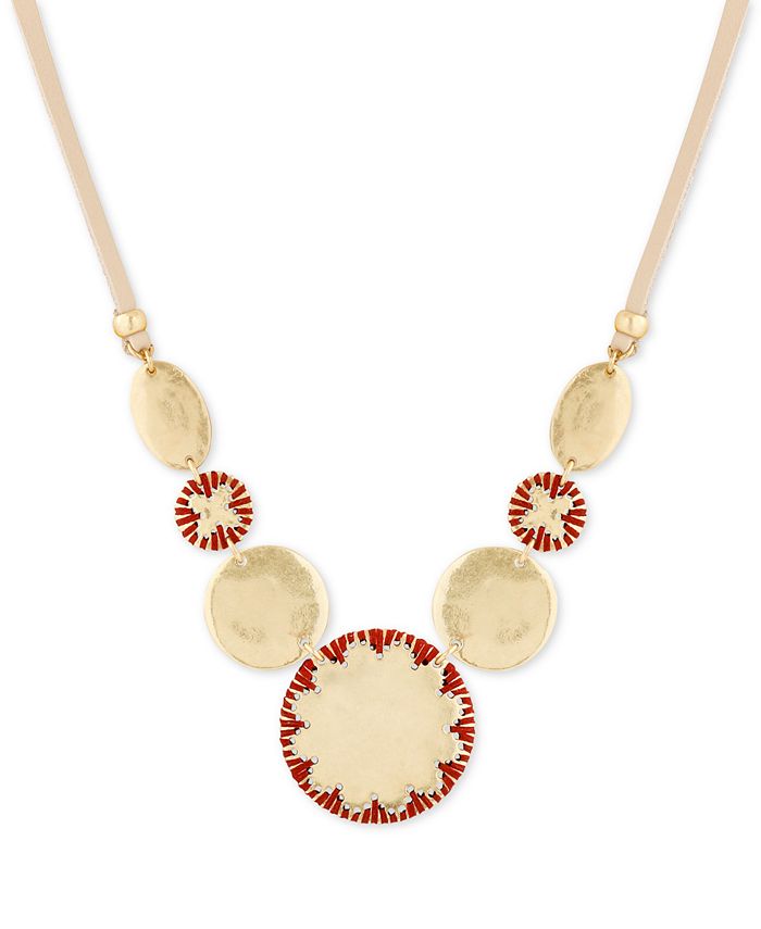 Lucky Brand Gold-Tone Threaded Disc Leather 28" Statement Necklace - Macy's