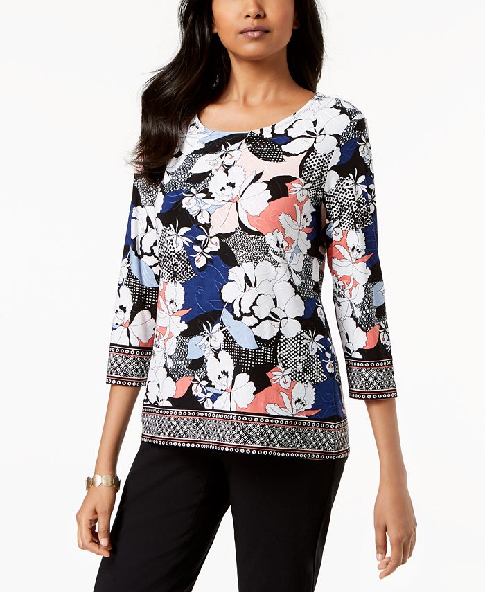 JM Collection 3/4-Sleeve Novelty Printed Jacquard Top, Created for Macy ...