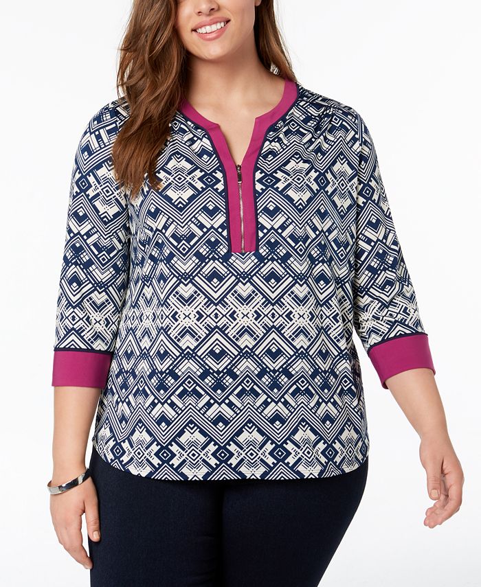 NY Collection Plus Size Printed Zip-Front Top - Macy's