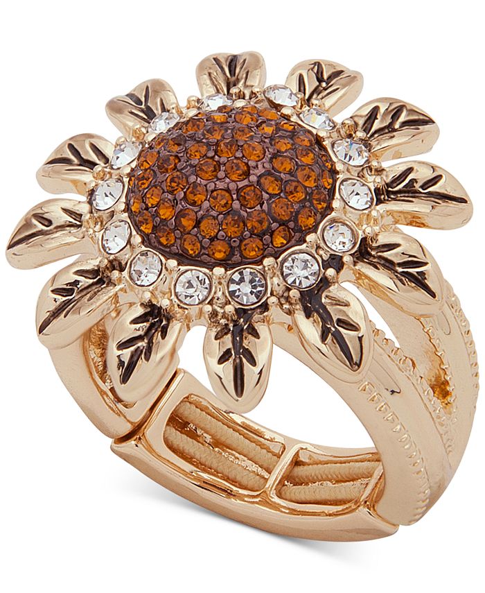 Anne Klein Gold-Tone Crystal Sunflower Stretch Ring - Macy's