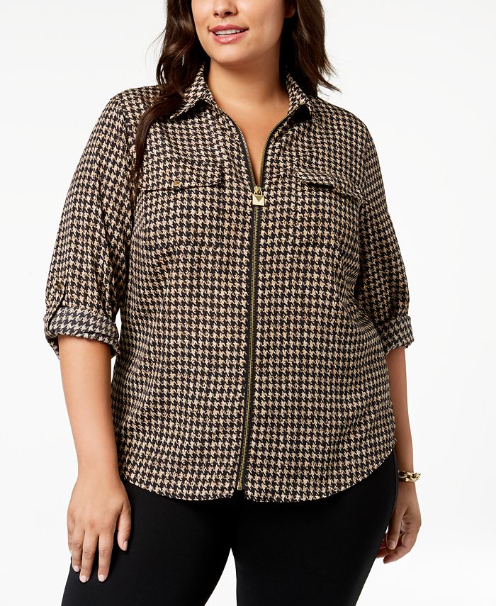 Michael Kors Plus Size Textured Houndstooth-Print Zip Top - Macy's