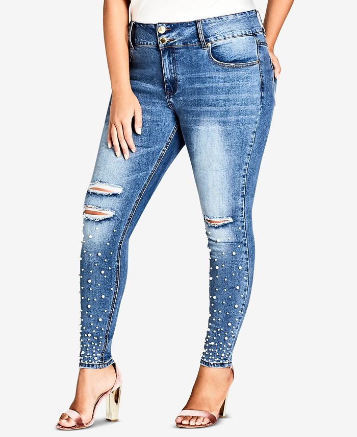City Chic Trendy Plus Size Pearl-Embellished Distressed Skinny Jeans ...