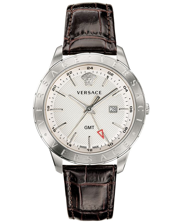 Versace Men's Swiss Business Slim Brown Leather Strap Watch 43mm - Macy's