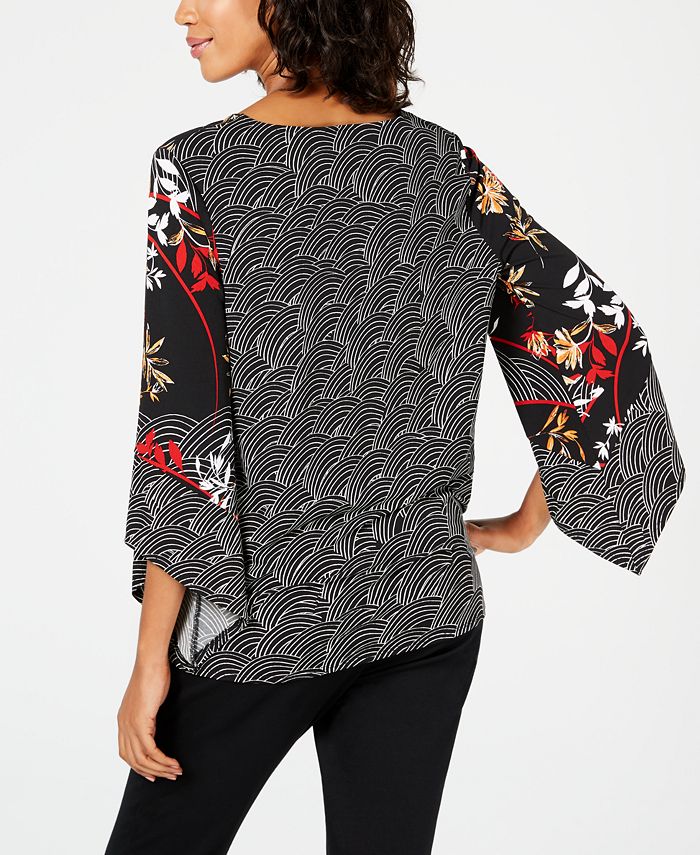 Alfani Mixed-Print Tie-Front Top, Created for Macy's - Macy's
