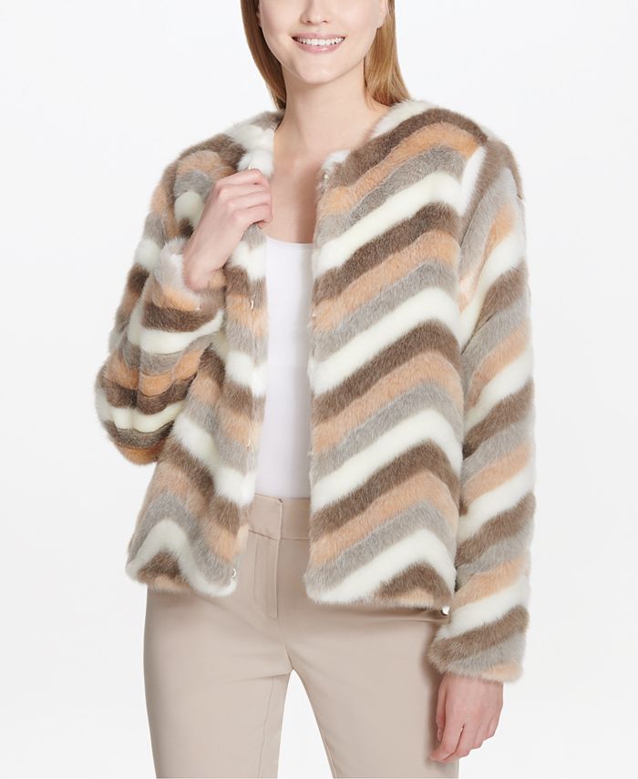 Calvin Klein Striped Faux-Fur Jacket - Macy's