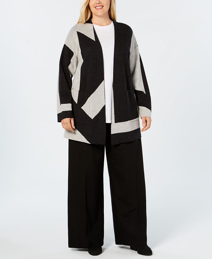 Eileen Fisher Plus Size Merino Wool Colorblocked Cardigan - Macy's