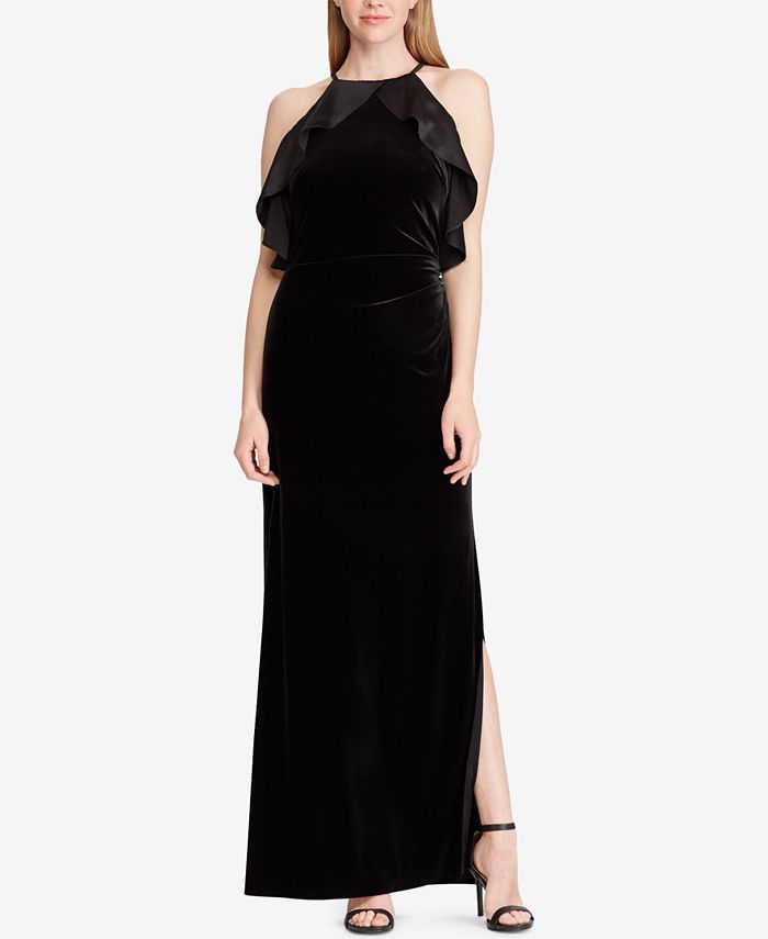 Lauren Ralph Lauren Velvet Ruffle-Trim Gown - Macy's