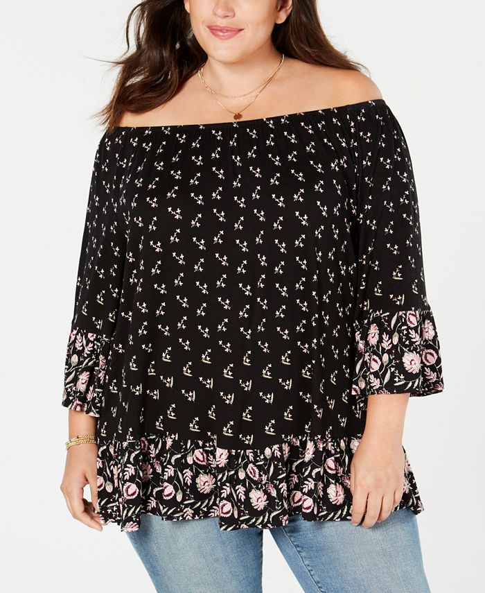 Style & Co Plus Size Mixed-Print Ruffled Off-The-Shoulder Top, Created ...