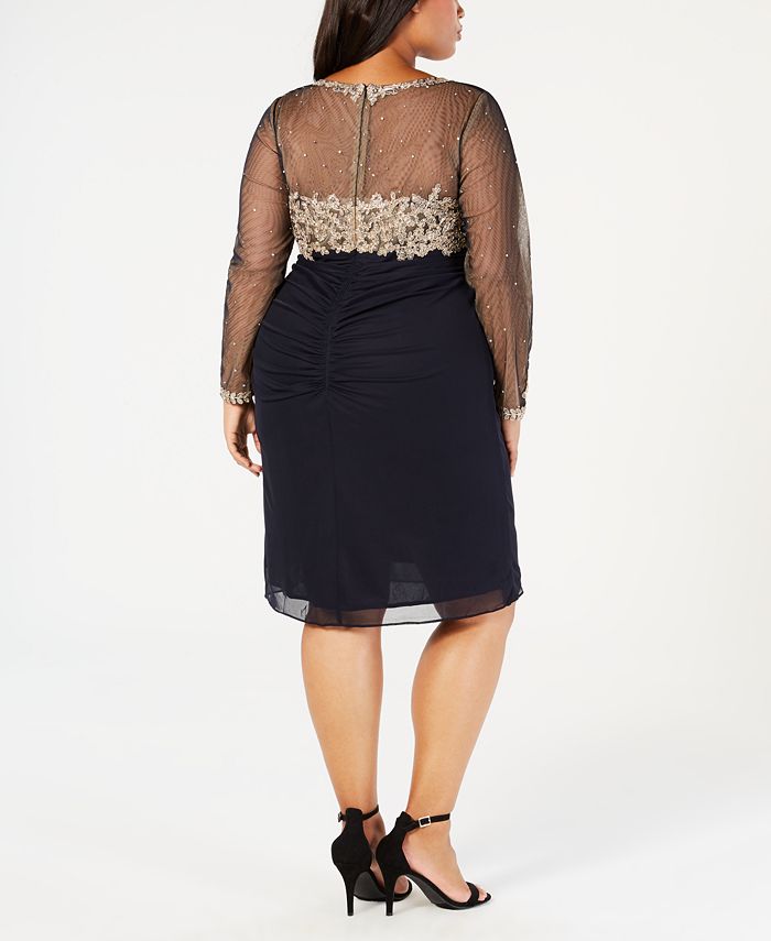 XSCAPE Plus Size Embroidered Ruched Illusion Dress - Macy's
