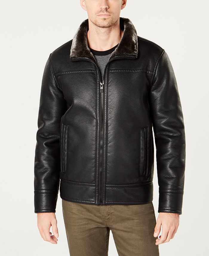 Kenneth Cole Men's Faux-Fur-Trim Faux-Leather Jacket - Macy's
