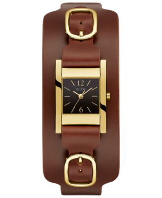GUESS Women's Brown Leather Cuff Watch 22x24mm - Macy's
