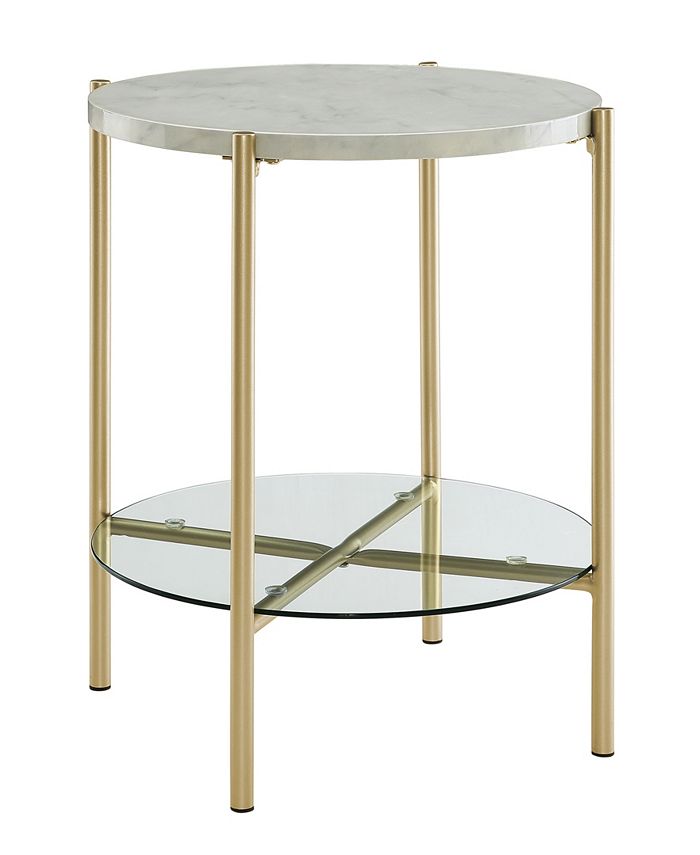 Walker Edison 20 inch Round Side Table in White Faux Marble and Gold ...