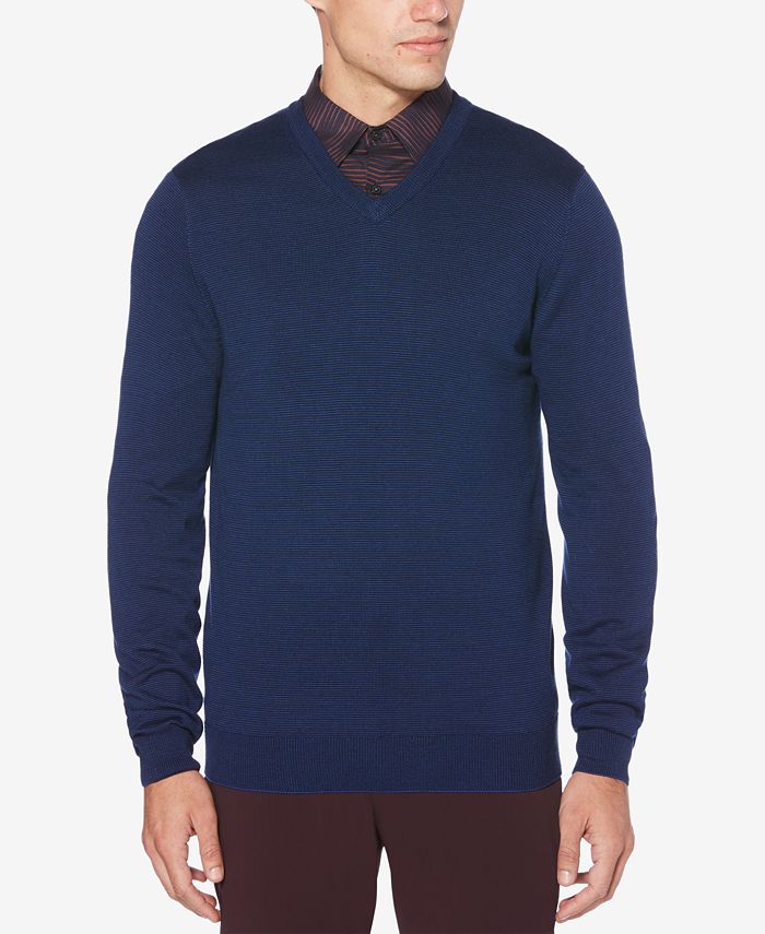 Perry Ellis Men's End-On-End Stripe V-Neck Sweater - Macy's